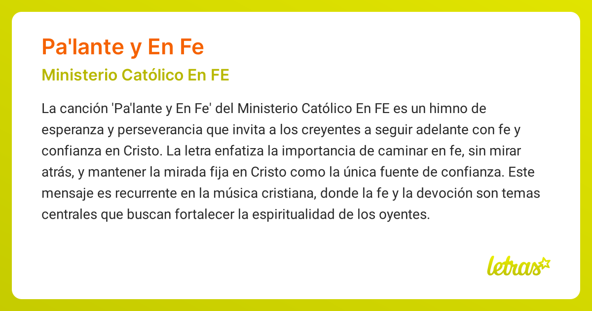 Significado de la canción PA'LANTE Y EN FE (Ministerio Católico En FE ...