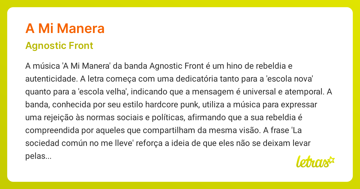 Significado da música A MI MANERA (Agnostic Front) - LETRAS.MUS.BR