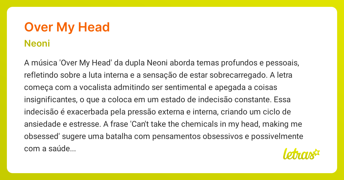 Significado da música OVER MY HEAD (Neoni) - LETRAS.MUS.BR