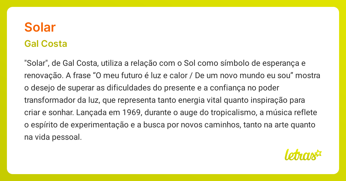 Significado da música SOLAR (Gal Costa) - LETRAS.MUS.BR