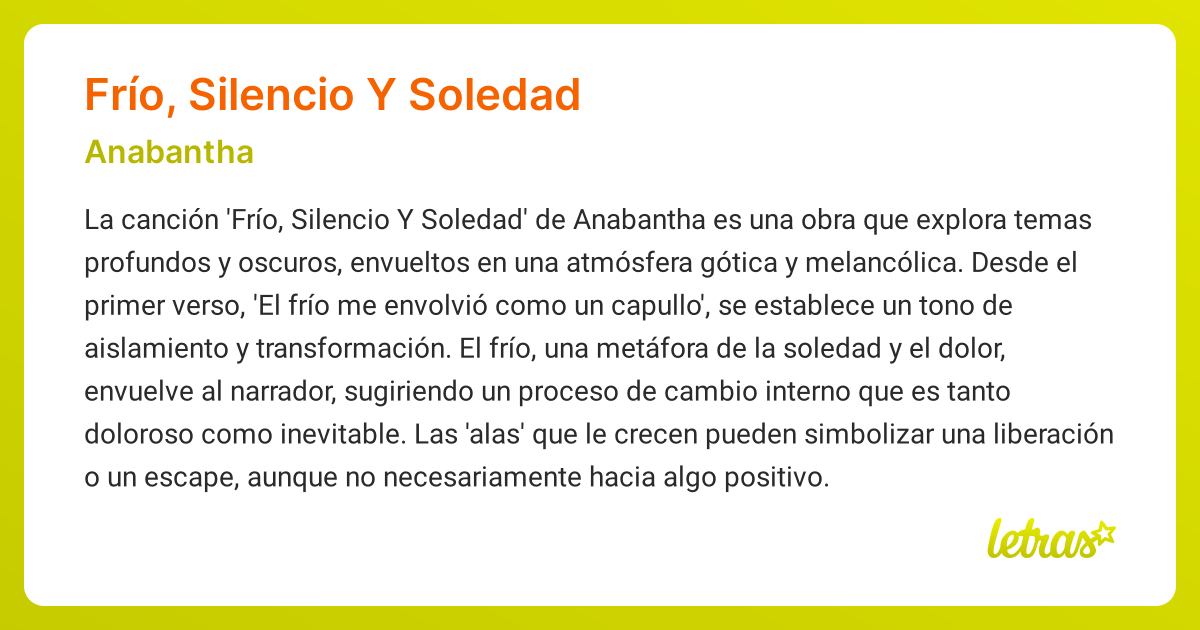 Significado de la canción FRÍO, SILENCIO Y SOLEDAD (Anabantha) - LETRAS.COM