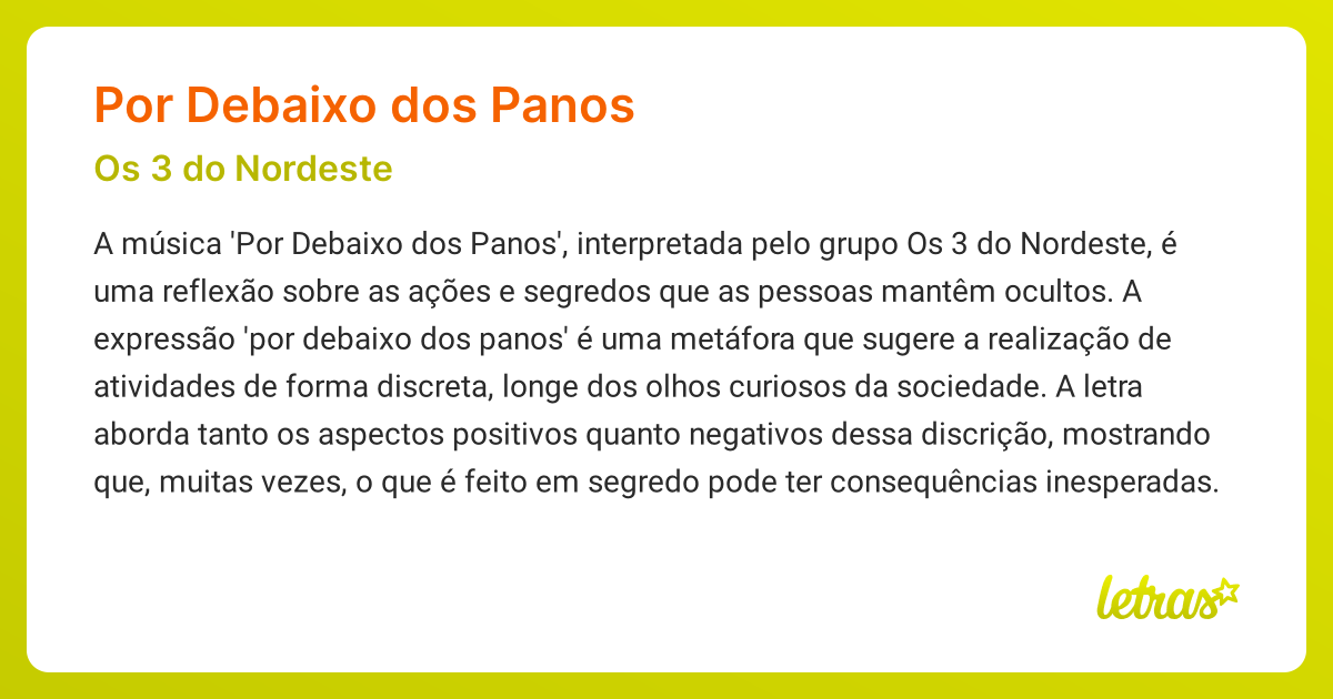 Significado da música POR DEBAIXO DOS PANOS (Os 3 do Nordeste) - LETRAS ...