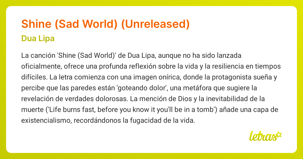 Significado de la canción SHINE (SAD WORLD) (UNRELEASED) (Dua Lipa ...