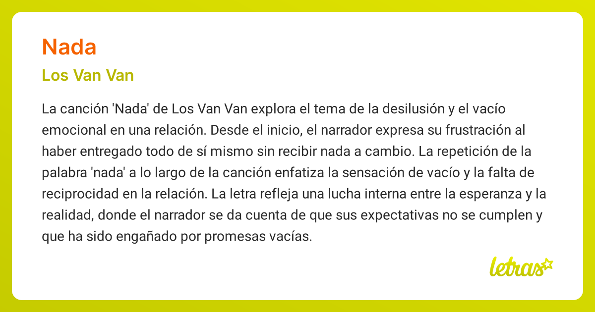 Significado de la canción NADA (Los Van Van) - LETRAS.COM
