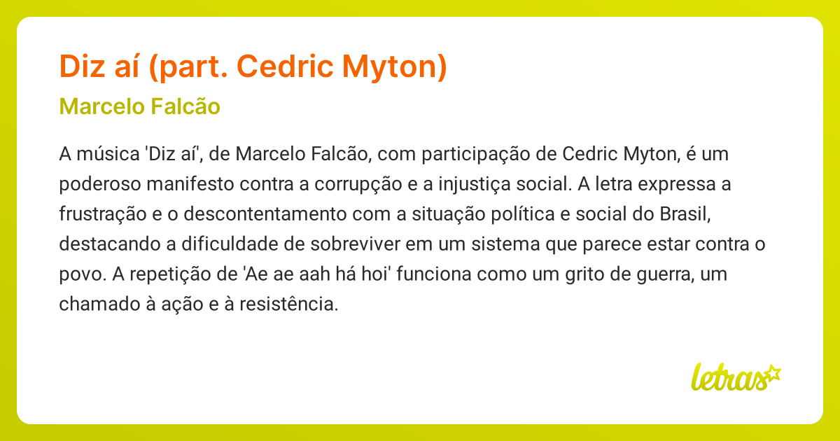 Significado da música DIZ AÍ (PART. CEDRIC MYTON) (Marcelo Falcão ...