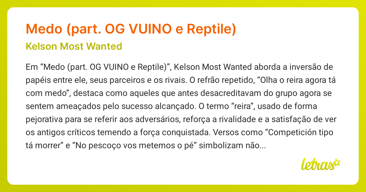 Significado da música Medo (part. OG VUINO e Reptile) (Kelson Most ...