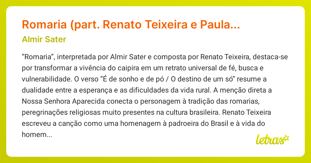 Significado da música Romaria (part. Renato Teixeira e Paula Fernandes ...