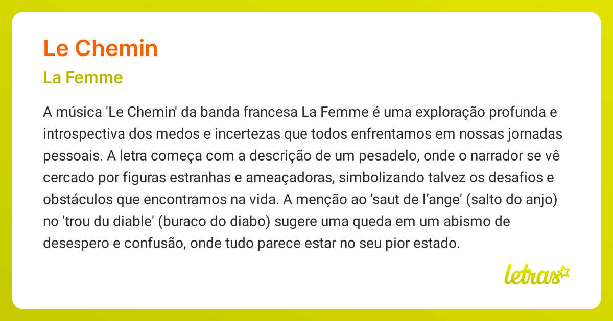 Significado da música LE CHEMIN (La Femme) - LETRAS.MUS.BR