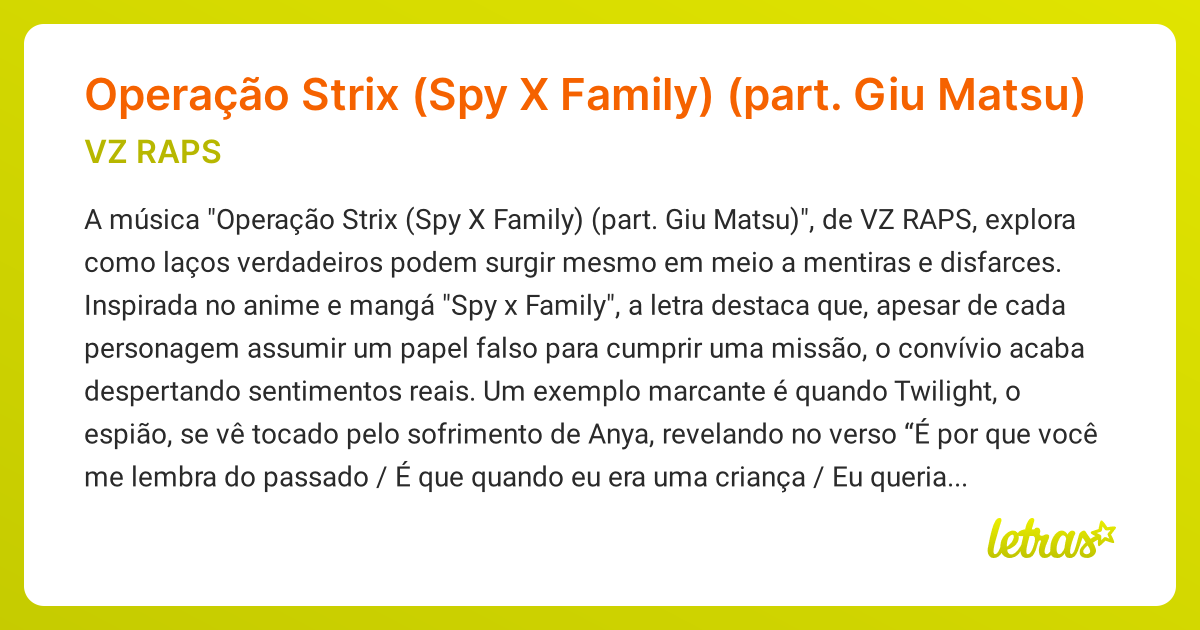 Significado da música Operação Strix (Spy X Family) (part. Giu Matsu ...