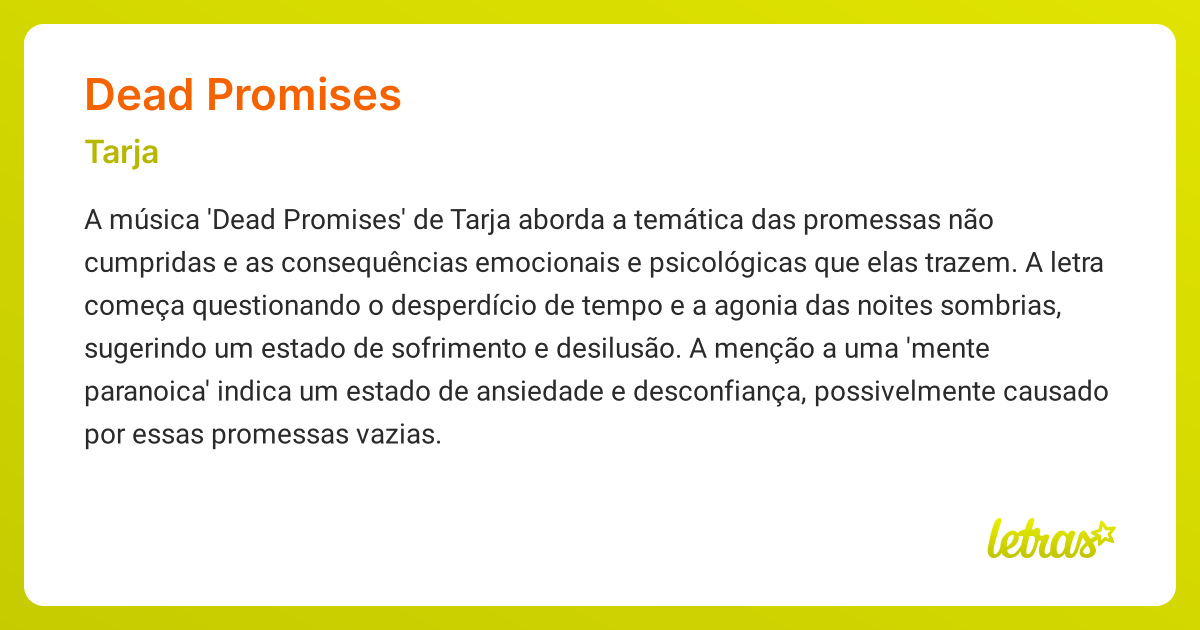 Significado da música DEAD PROMISES (Tarja) - LETRAS.MUS.BR