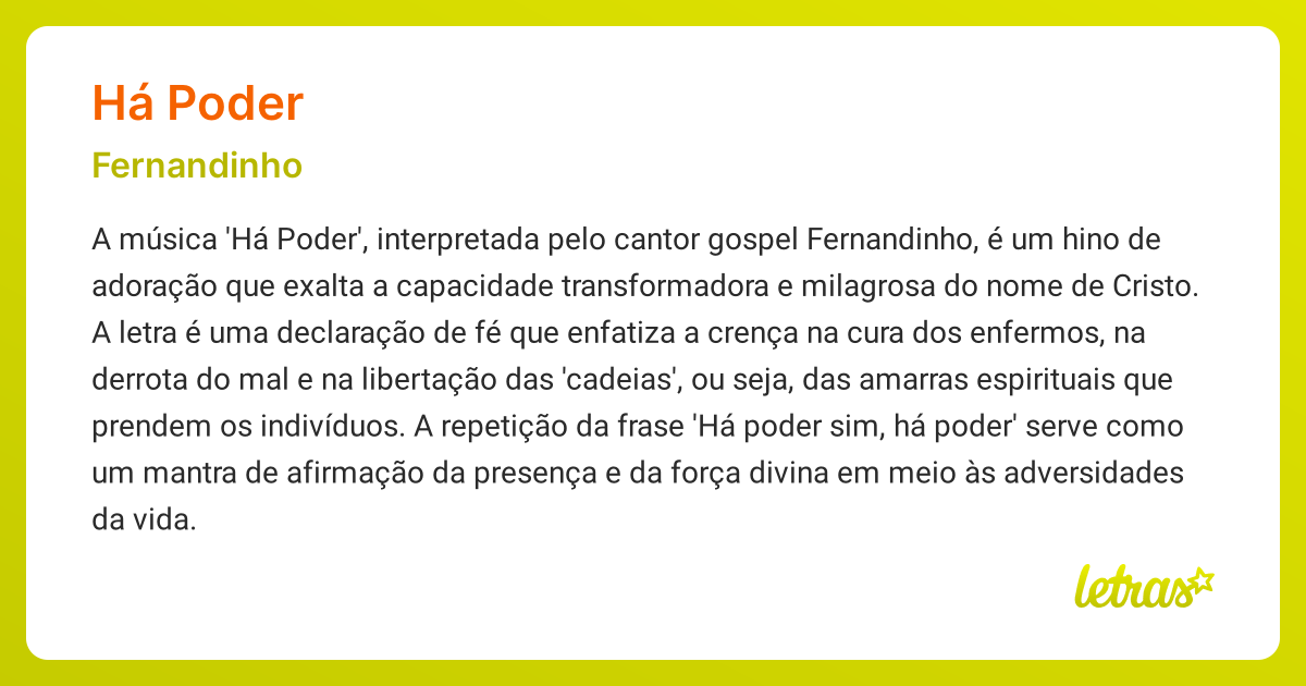 Significado da música HÁ PODER (Fernandinho) - LETRAS.MUS.BR