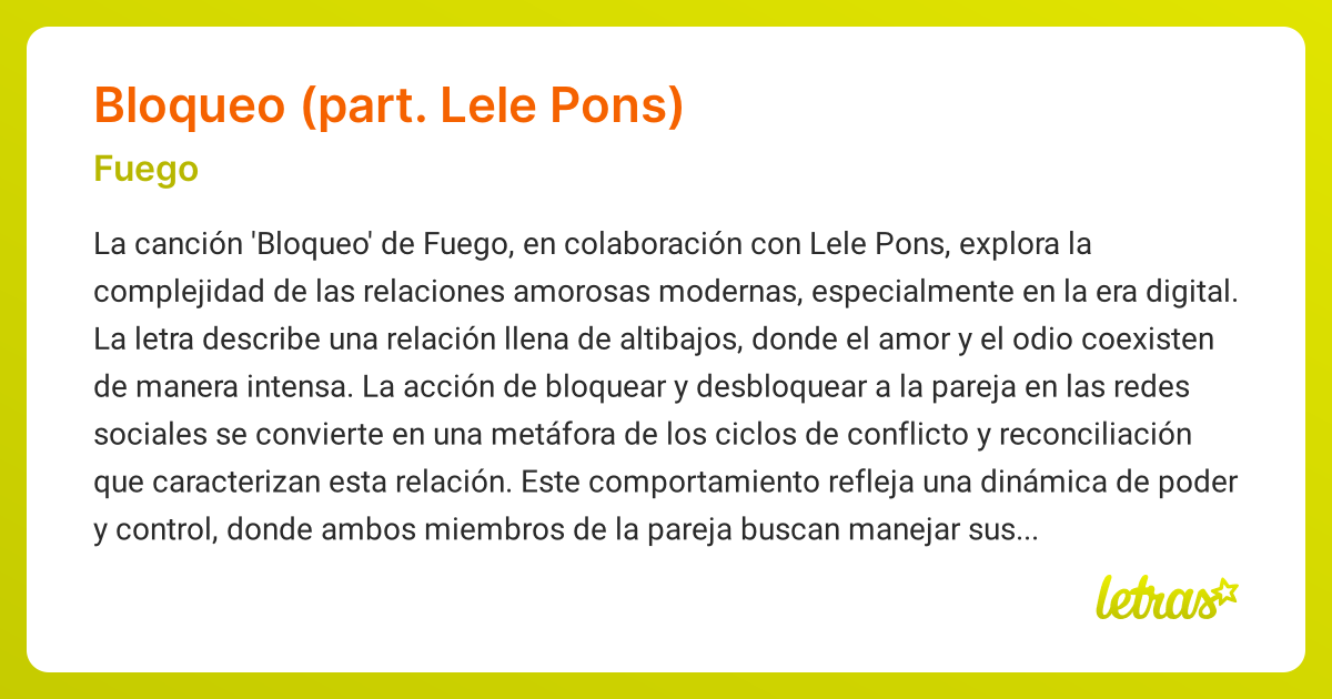 Significado de la canción BLOQUEO (PART. LELE PONS) (Fuego) - LETRAS.COM