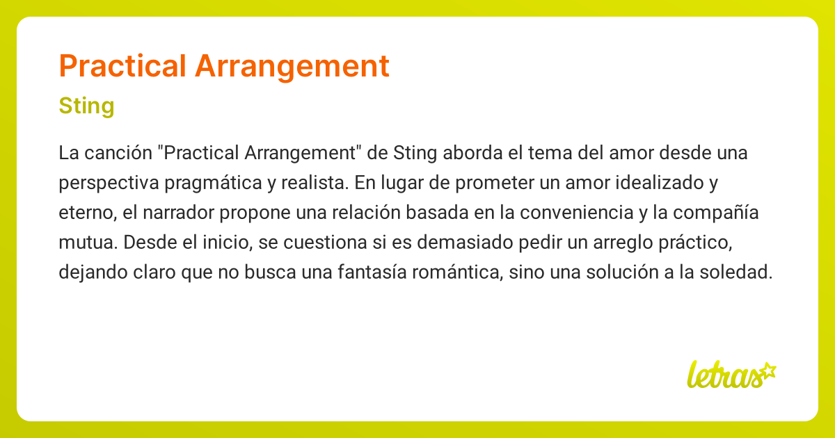 Significado de la canción PRACTICAL ARRANGEMENT (Sting) - LETRAS.COM