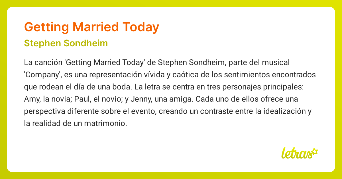 Significado de la canción GETTING MARRIED TODAY (Stephen Sondheim ...
