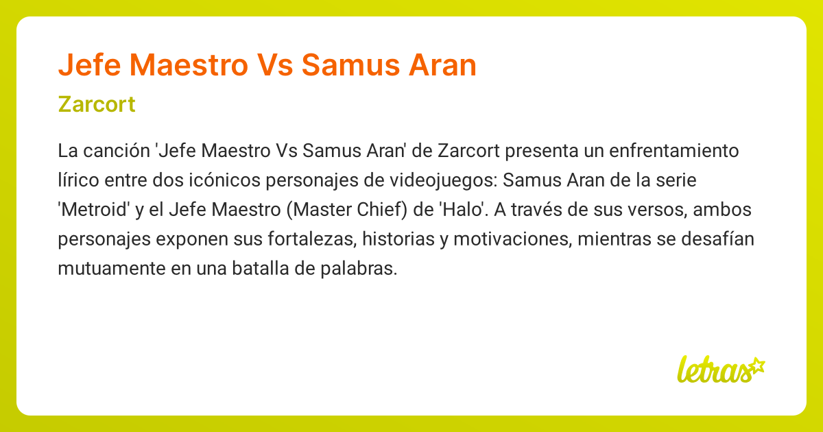 Significado de la canción JEFE MAESTRO VS SAMUS ARAN (Zarcort) - LETRAS.COM