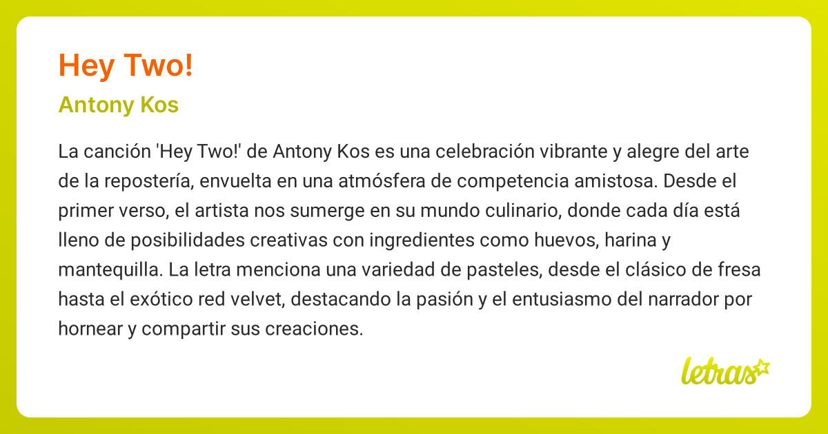Significado de la canción HEY TWO! (Antony Kos) - LETRAS.COM