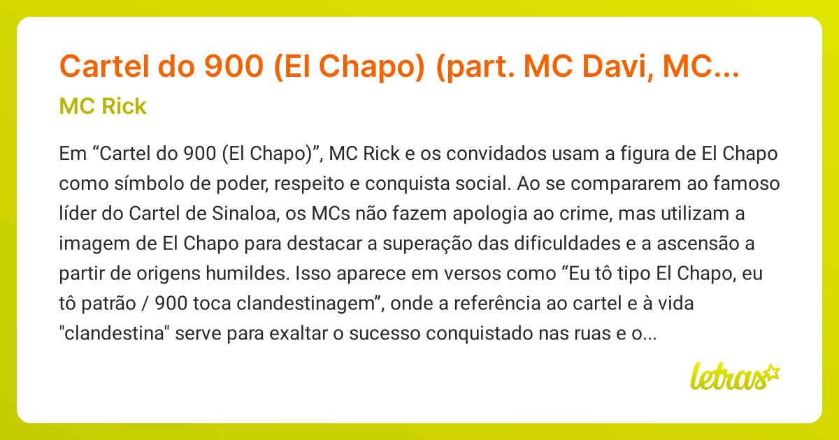 Significado da música Cartel do 900 (El Chapo) (part. MC Davi, MC ...