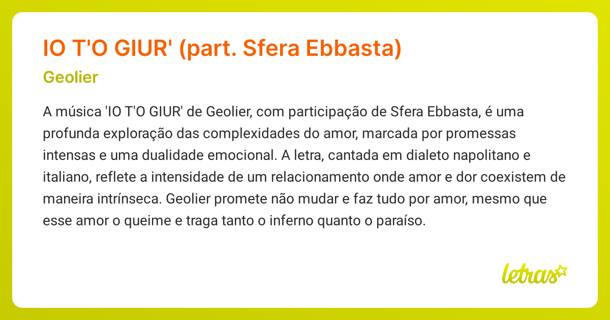Significado da música IO T'O GIUR' (part. Sfera Ebbasta) (Geolier ...