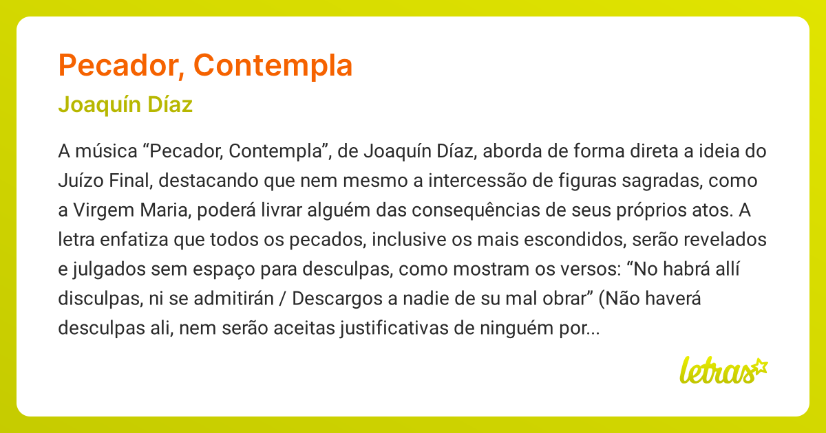 Significado da música PECADOR, CONTEMPLA (Joaquín Díaz) - LETRAS.MUS.BR