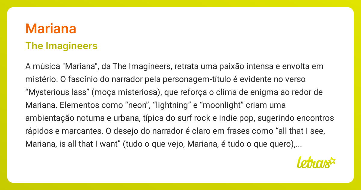 Significado da música MARIANA (The Imagineers) - LETRAS.MUS.BR