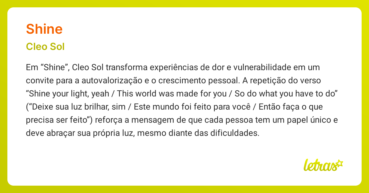 Significado da música SHINE (Cleo Sol ) - LETRAS.MUS.BR