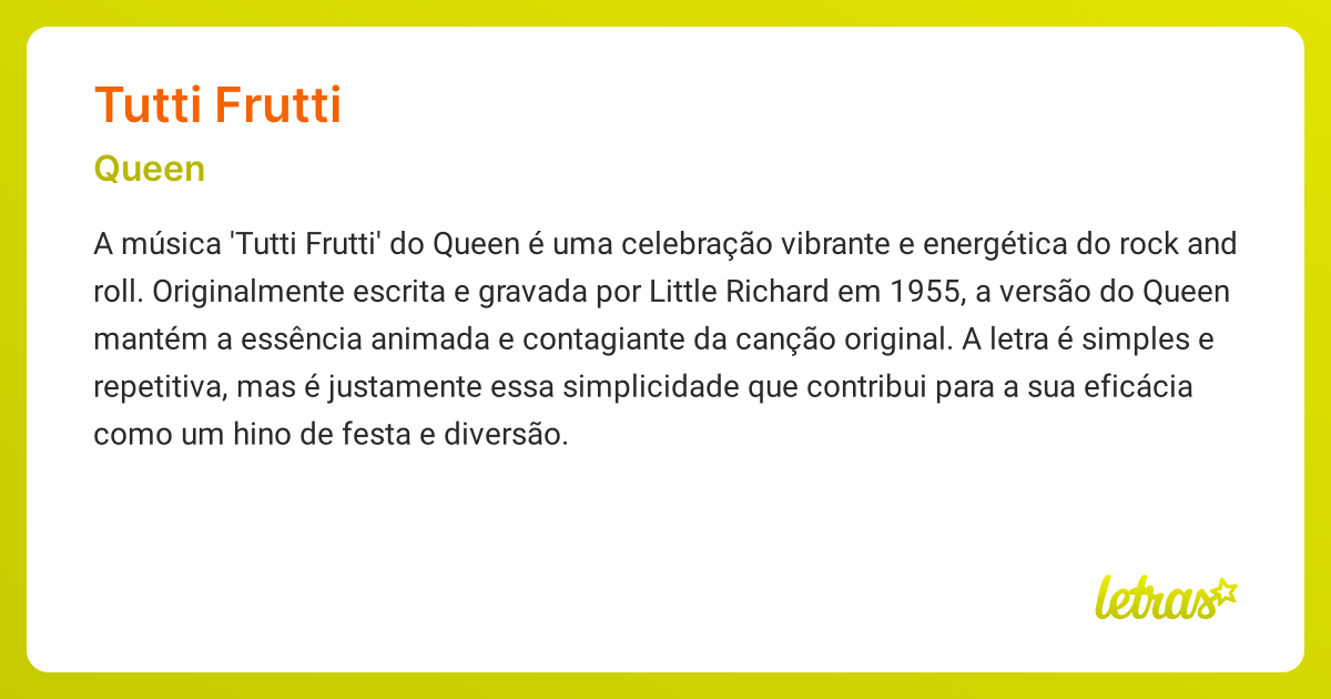 Significado da música TUTTI FRUTTI (Queen) - LETRAS.MUS.BR