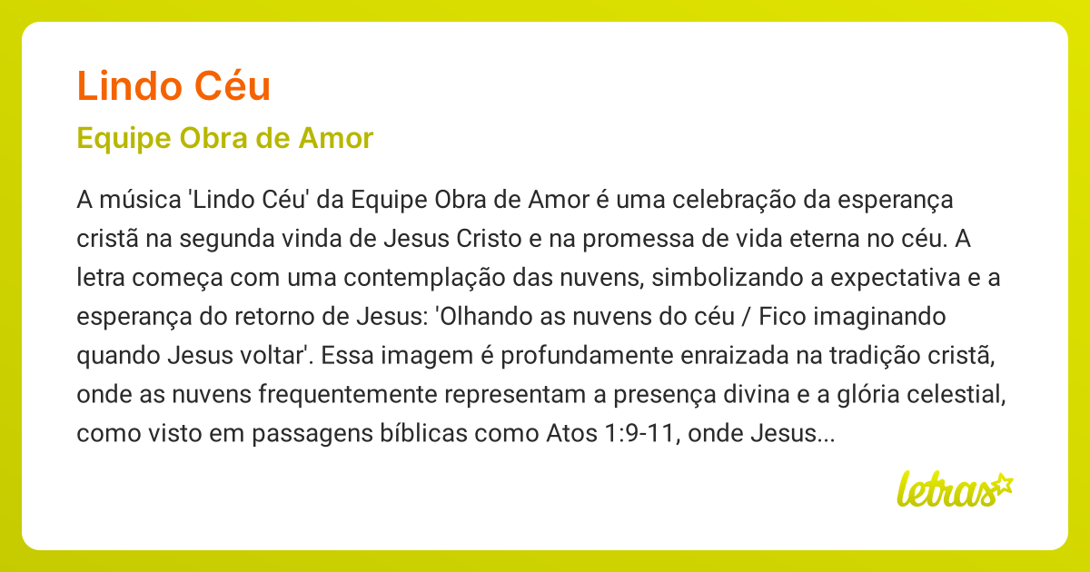 Significado da música LINDO CÉU (Equipe Obra de Amor) - LETRAS.MUS.BR