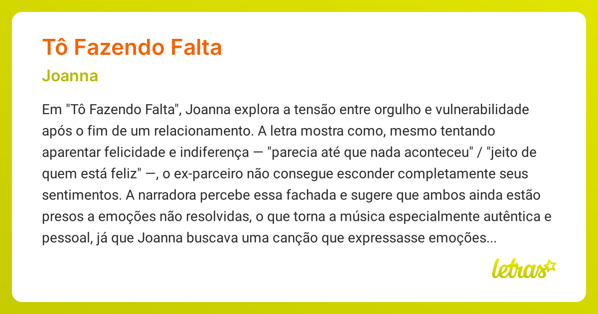 Significado da música TÔ FAZENDO FALTA (Joanna) - LETRAS.MUS.BR