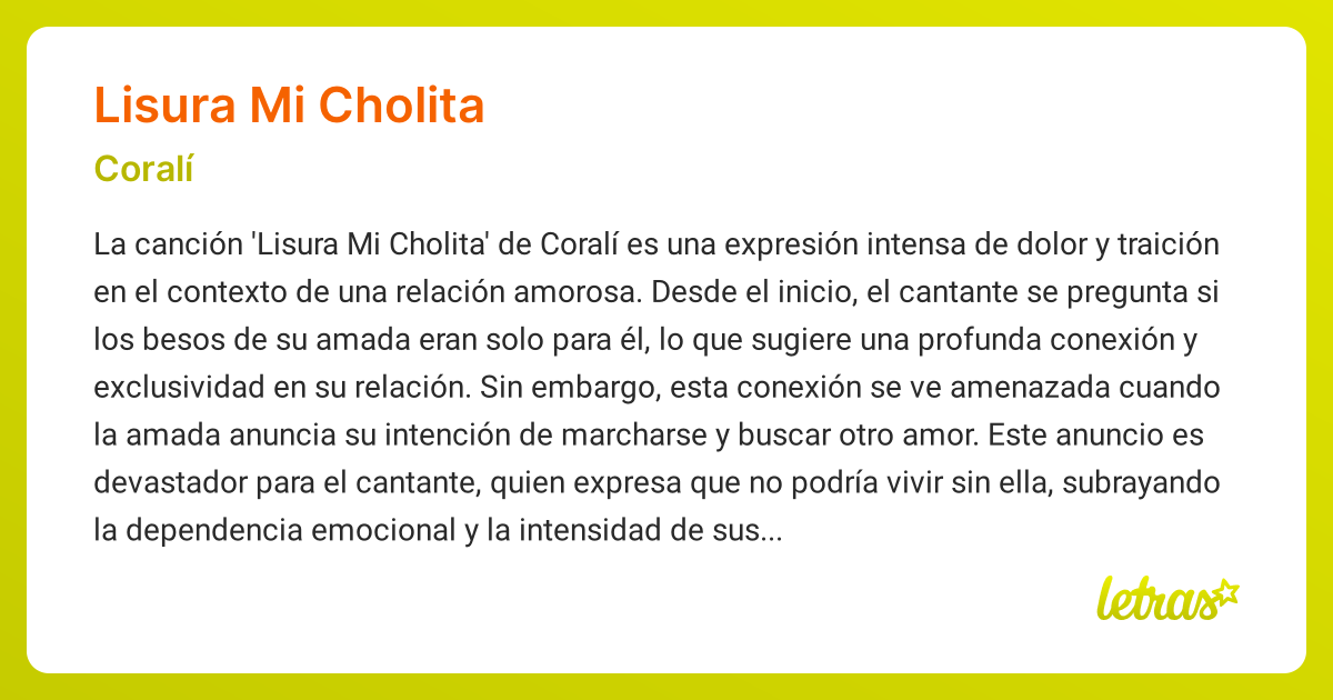 Significado de la canción LISURA MI CHOLITA (Coralí) - LETRAS.COM