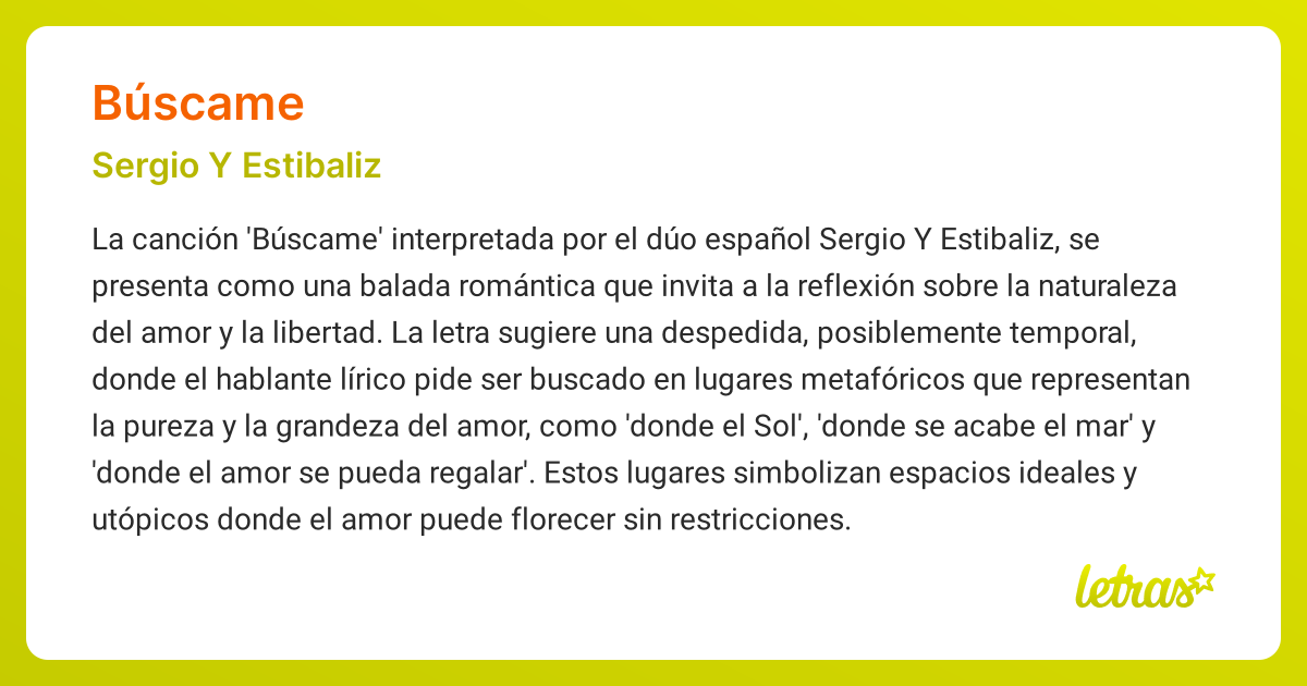 Significado de la canción BÚSCAME (Sergio Y Estibaliz) - LETRAS.COM
