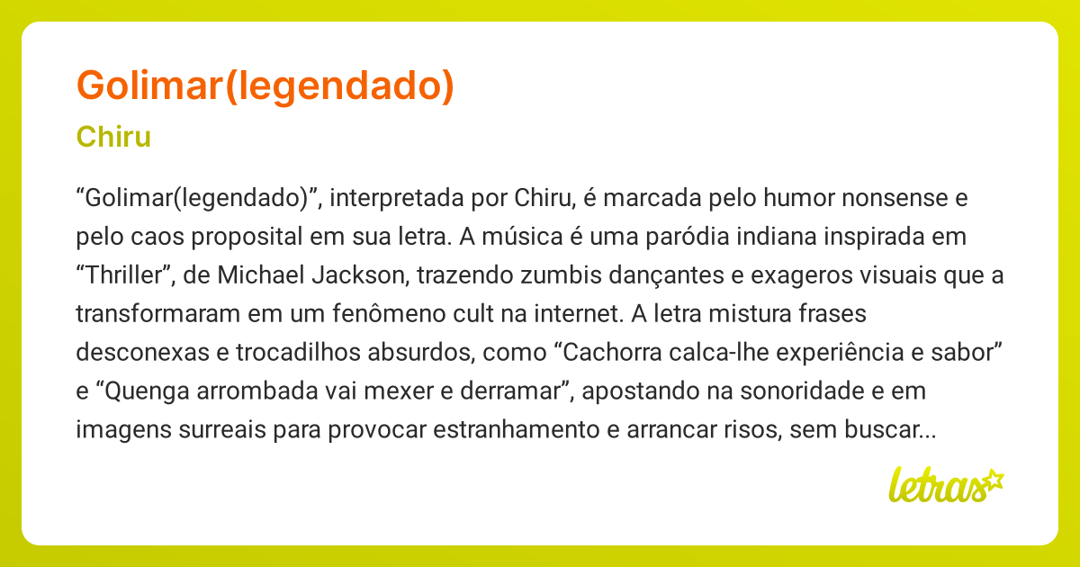 Significado da música GOLIMAR(LEGENDADO) (Chiru) - LETRAS.MUS.BR