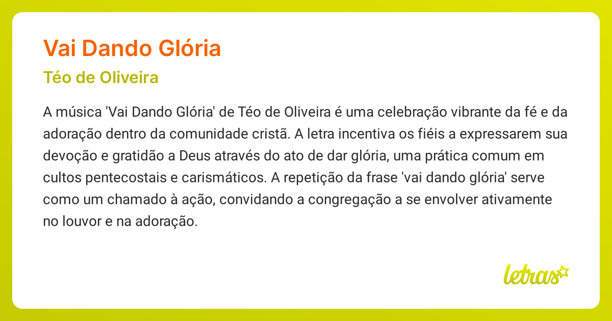 Significado da música VAI DANDO GLÓRIA (Téo de Oliveira) - LETRAS.MUS.BR