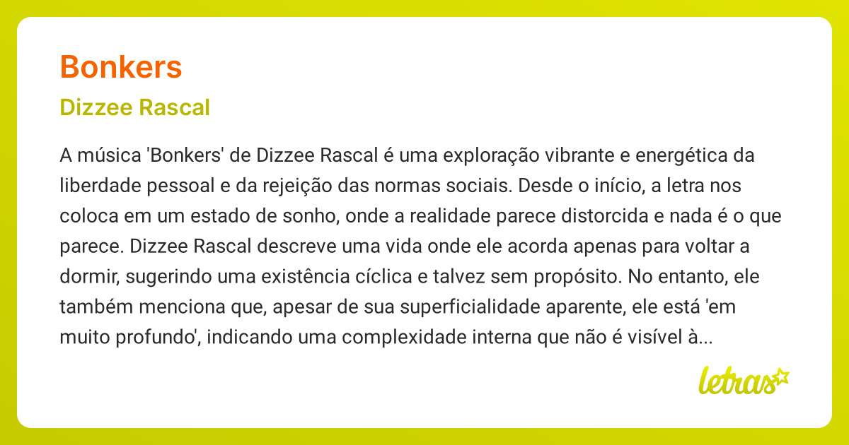 Significado da música BONKERS (Dizzee Rascal) - LETRAS.MUS.BR