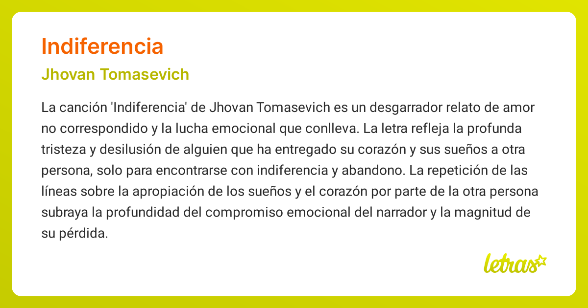Significado de la canción INDIFERENCIA (Jhovan Tomasevich) - LETRAS.COM