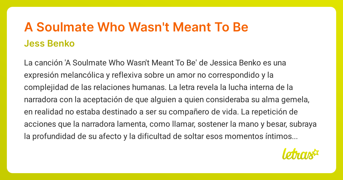 Significado de la canción A Soulmate Who Wasn't Meant To Be (Jess Benko ...