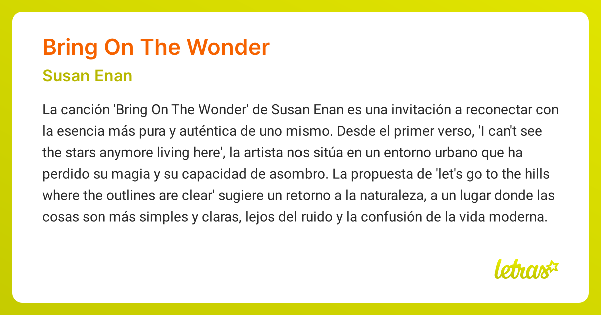 Significado de la canción BRING ON THE WONDER (Susan Enan) - LETRAS.COM