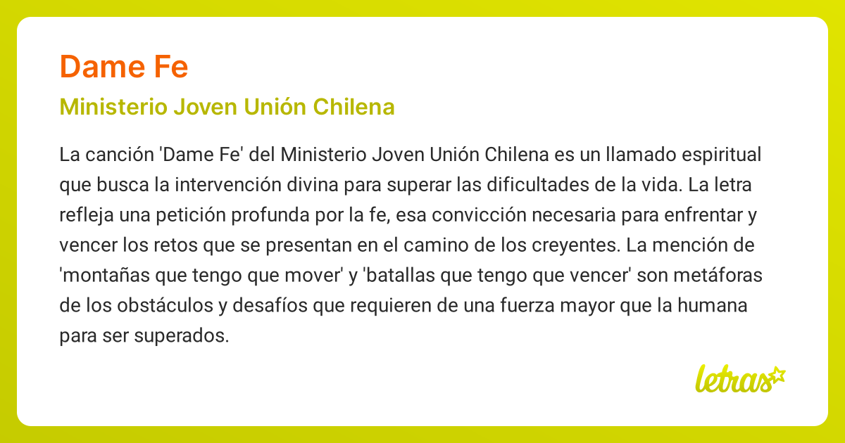 Significado de la canción DAME FE (Ministerio Joven Unión Chilena ...