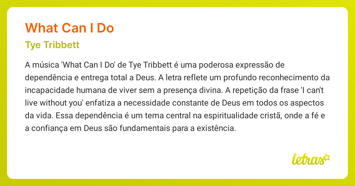 Significado da música WHAT CAN I DO (Tye Tribbett) - LETRAS.MUS.BR