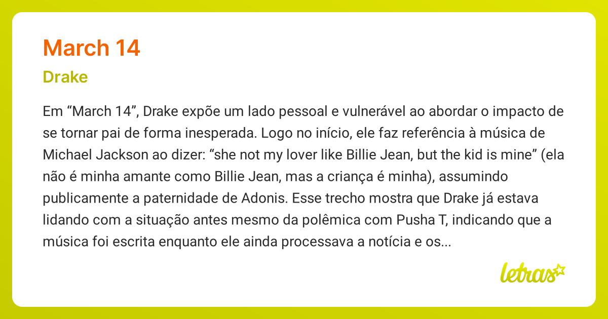 Significado da música MARCH 14 (Drake) - LETRAS.MUS.BR
