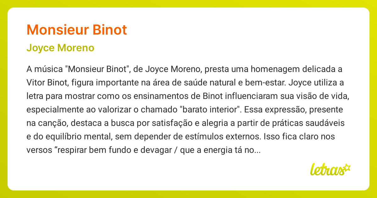 Significado da música MONSIEUR BINOT (Joyce Moreno) - LETRAS.MUS.BR