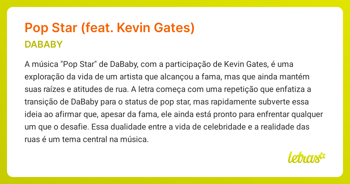 Significado da música POP STAR (FEAT. KEVIN GATES) (DABABY) - LETRAS.MUS.BR