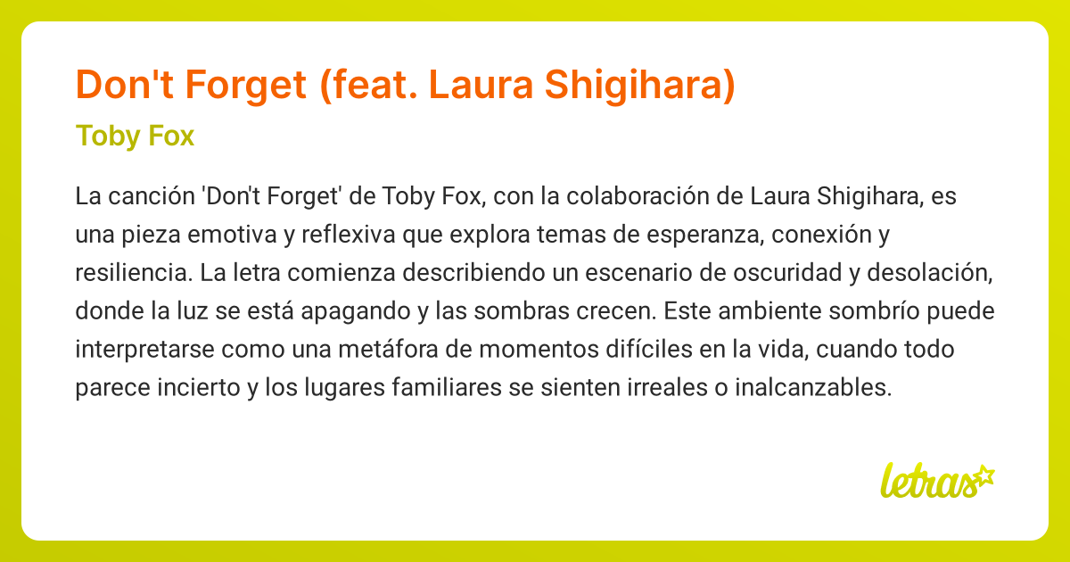 Significado de la canción Don't Forget (feat. Laura Shigihara) (Toby ...