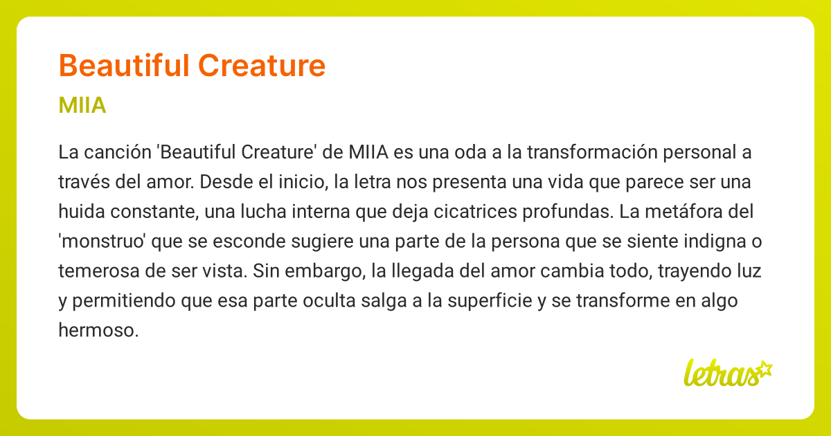Significado de la canción BEAUTIFUL CREATURE (MIIA) - LETRAS.COM