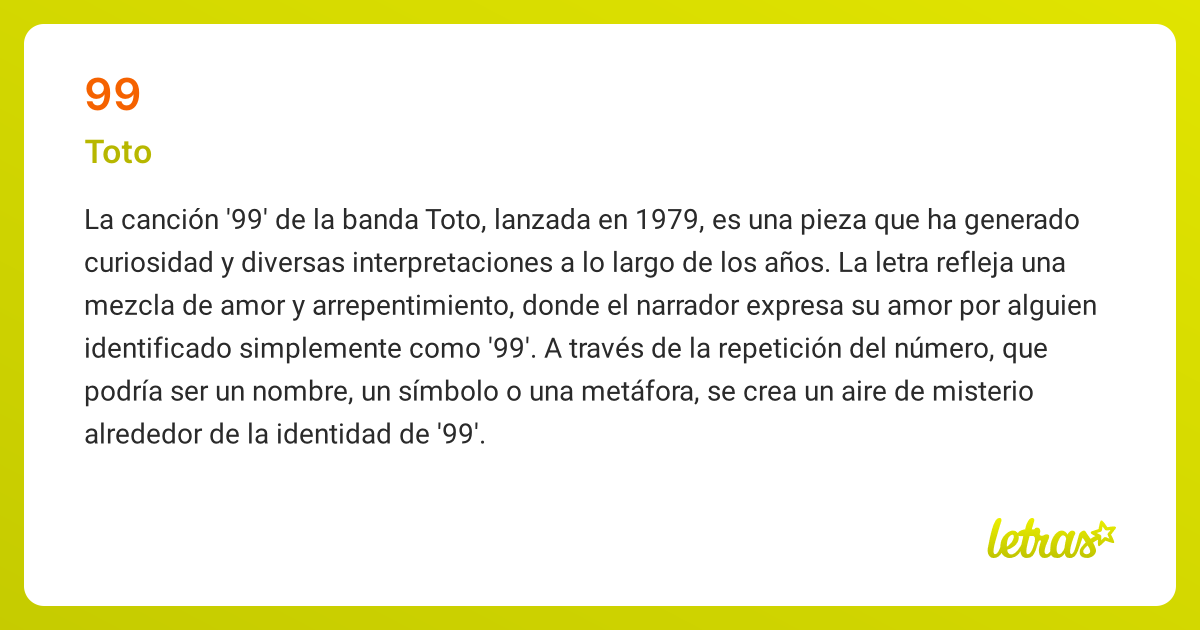 Significado de la canción 99 (Toto) - LETRAS.COM