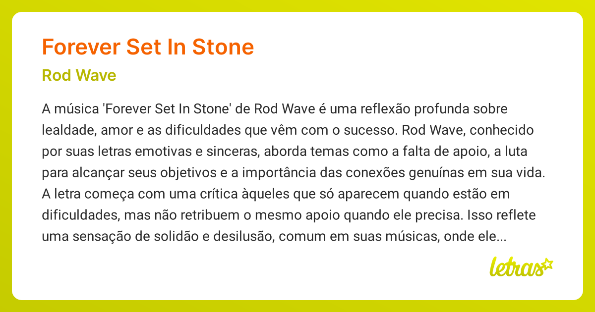 Significado da música FOREVER SET IN STONE (Rod Wave) - LETRAS.MUS.BR