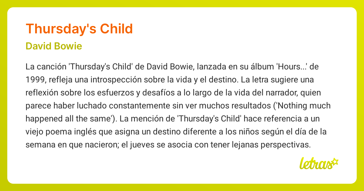 Significado de la canción THURSDAY'S CHILD (David Bowie) - LETRAS.COM