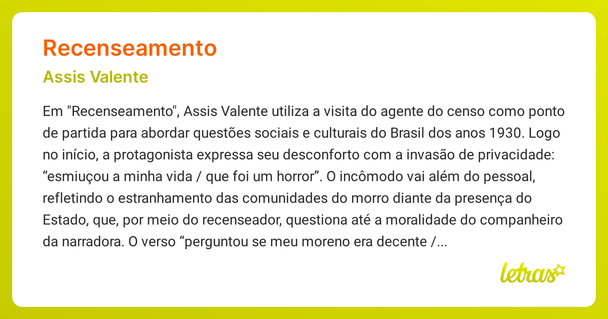 Significado da música RECENSEAMENTO (Assis Valente) - LETRAS.MUS.BR