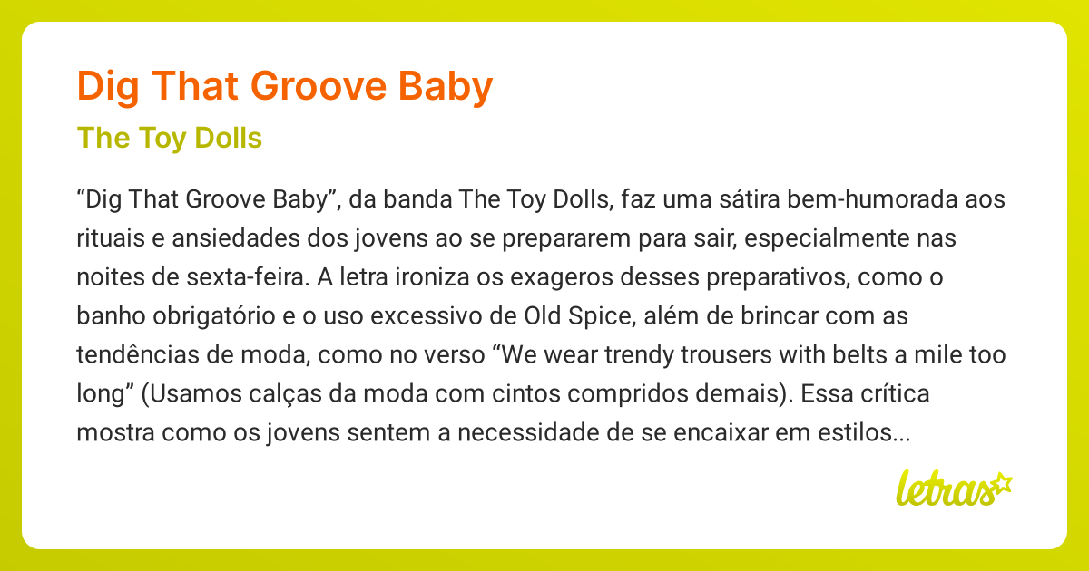 Significado da música DIG THAT GROOVE BABY (The Toy Dolls) - LETRAS.MUS.BR