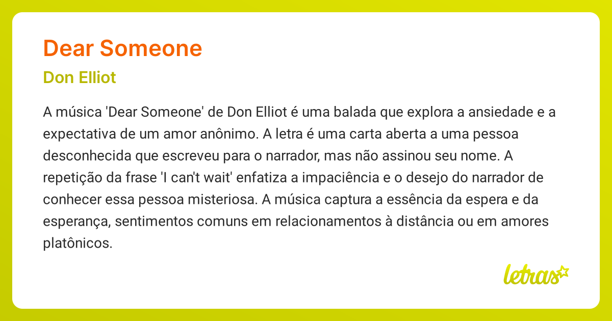 Significado da música DEAR SOMEONE (Don Elliot) - LETRAS.MUS.BR