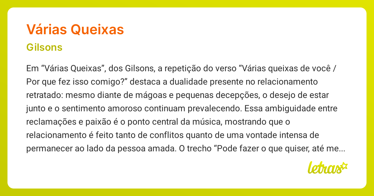 Significado da música VÁRIAS QUEIXAS (Gilsons) - LETRAS.MUS.BR